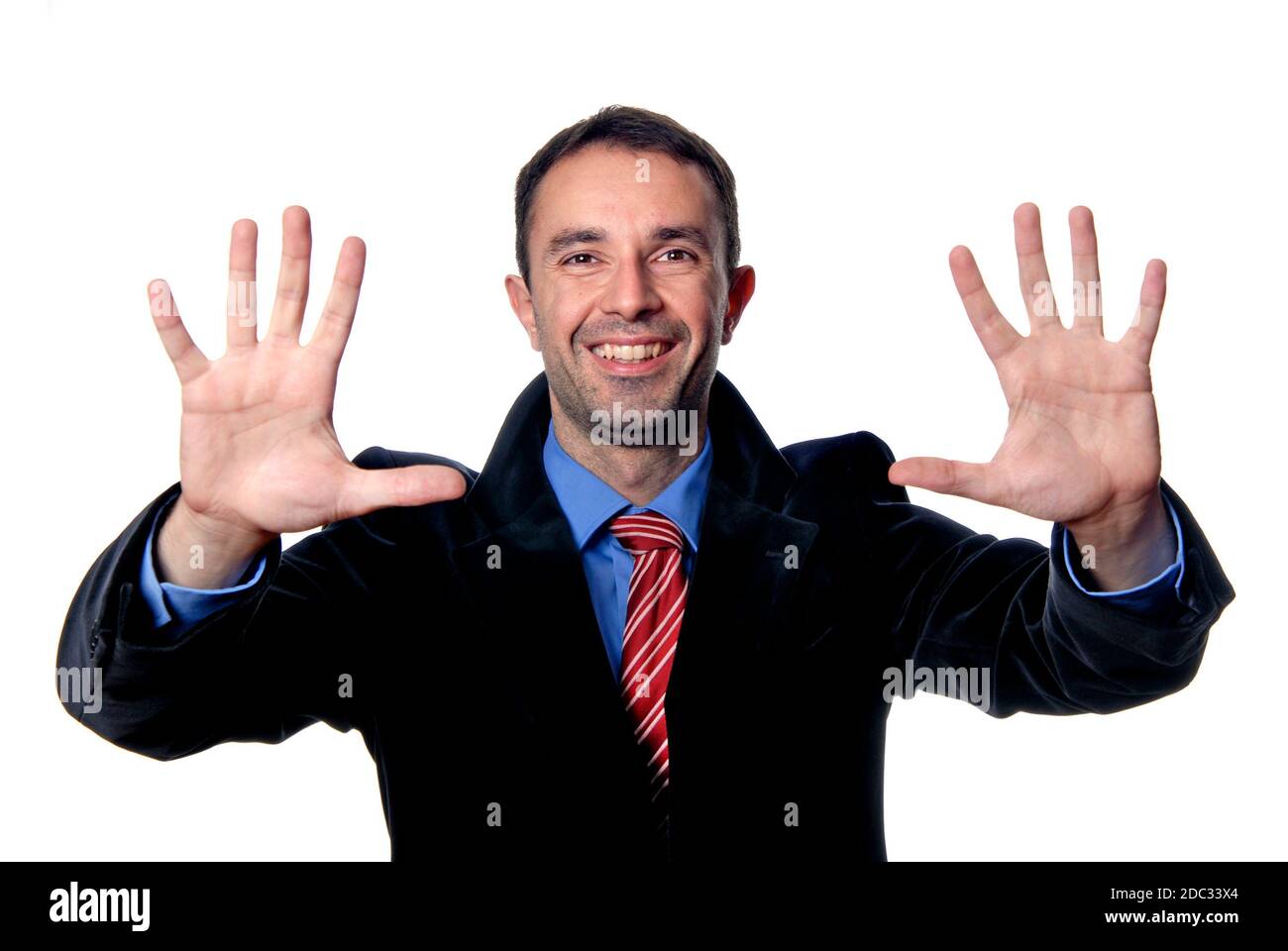 man with hands open isolated on white Stock Photo - Alamy