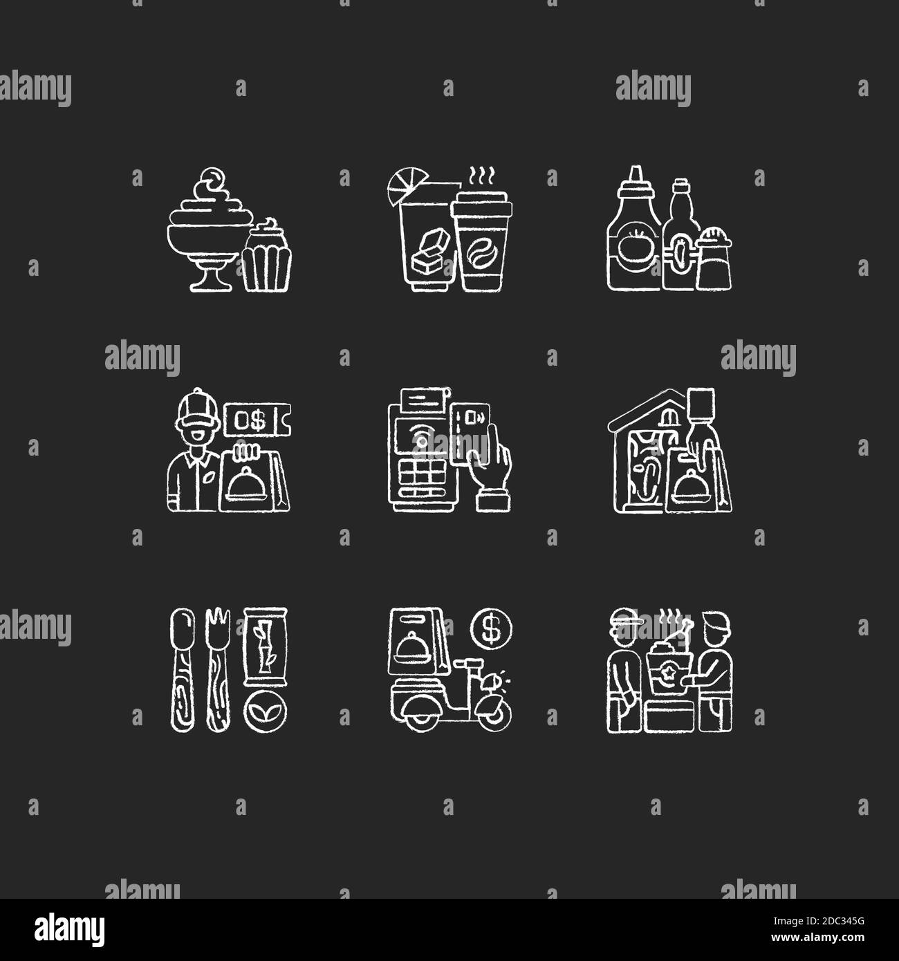 Delivery and takeout chalk white icons set on black background Stock ...