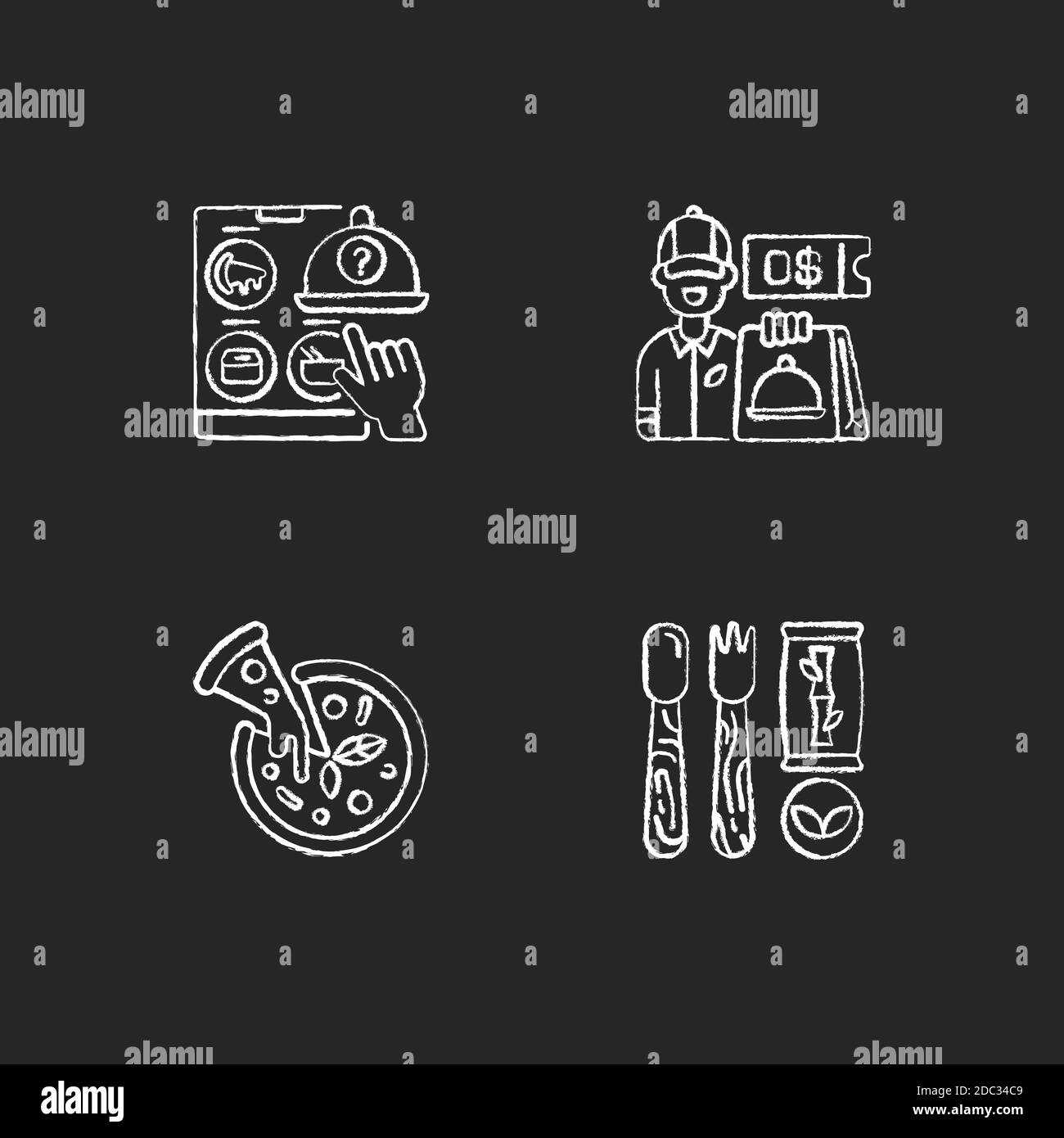 Restaurant delivery service chalk white icons set on black background ...