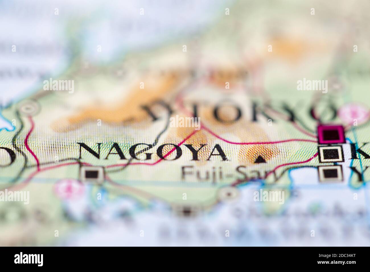 Shallow depth of field focus on geographical map location of Nagoya ...