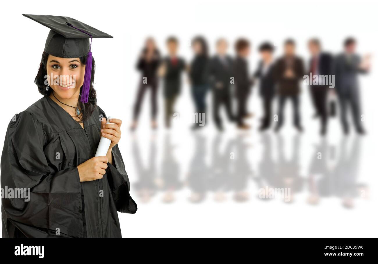 happy young woman on graduation day, with some people on the back Stock ...