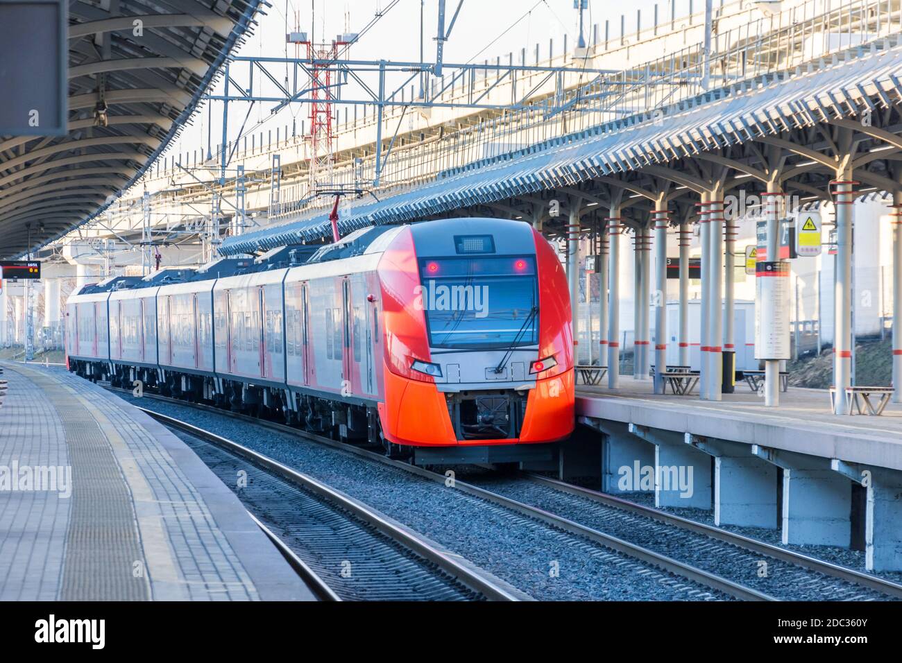 Suburban speed express train waiting for passengers the station, empty ...