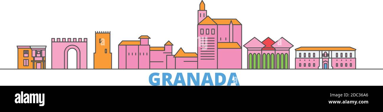 Spain, Granada line cityscape, flat vector. Travel city landmark ...