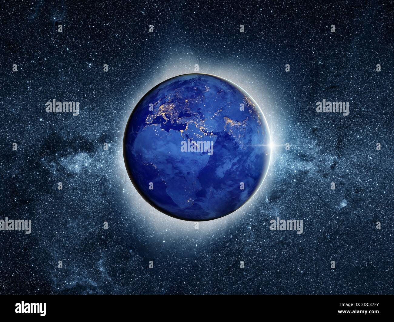 Total eclipse of the sun with Earth in space at night with city lights ...