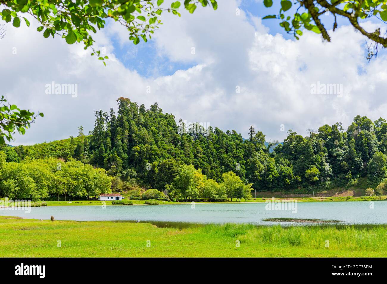 Scenic view of Furnas lake in Sao Miguel island, Azores, Portugal. An ...