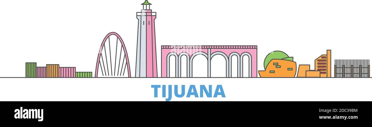 Mexico, Tijuana line cityscape, flat vector. Travel city landmark ...