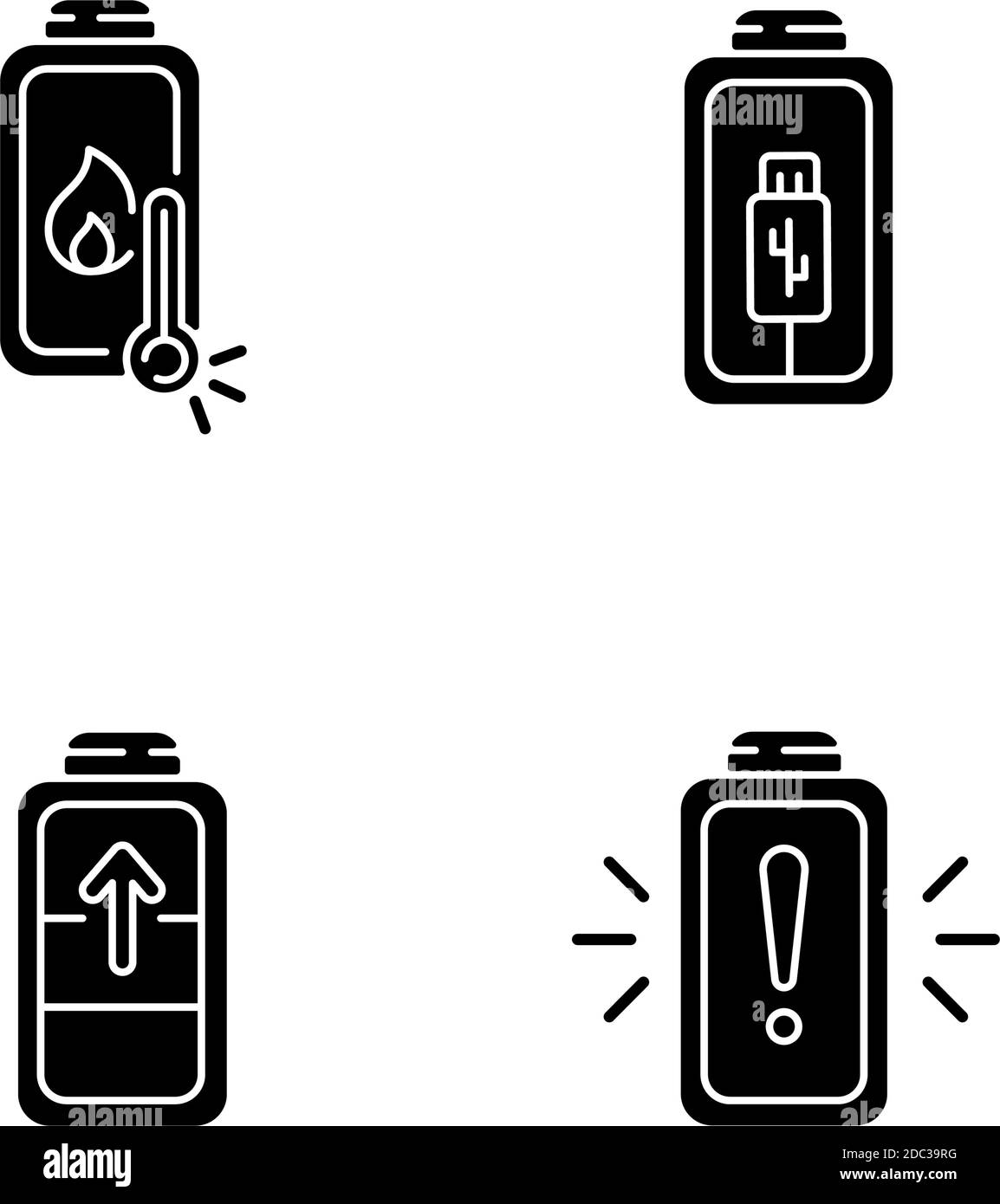 Battery cable charging process black glyph icons set on white space ...