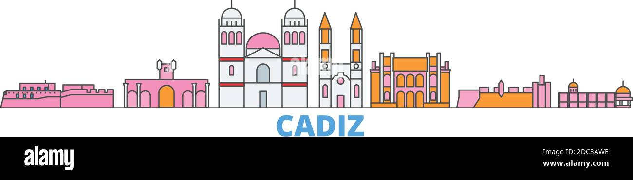 Spain, Cadiz line cityscape, flat vector. Travel city landmark, oultine ...