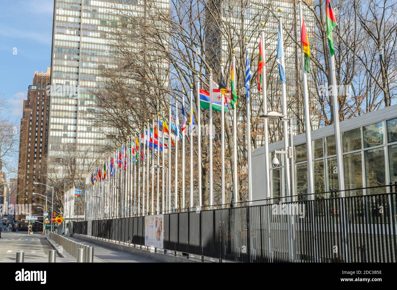 United Nations Headquarters in Manhattan. Flags of All Nations Waving ...