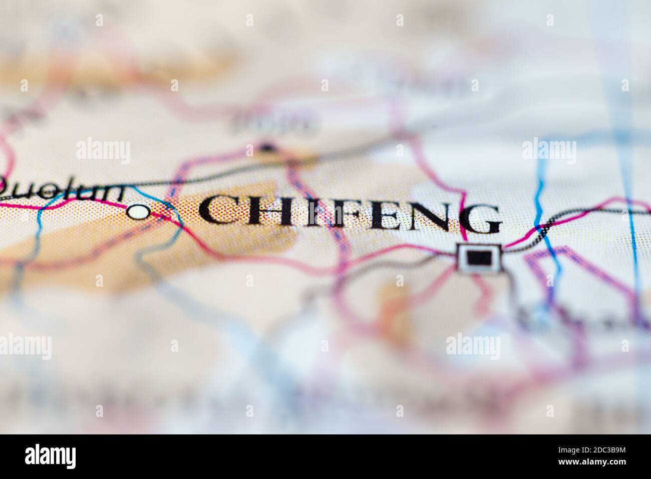 Shallow depth of field focus on geographical map location of Chifeng ...