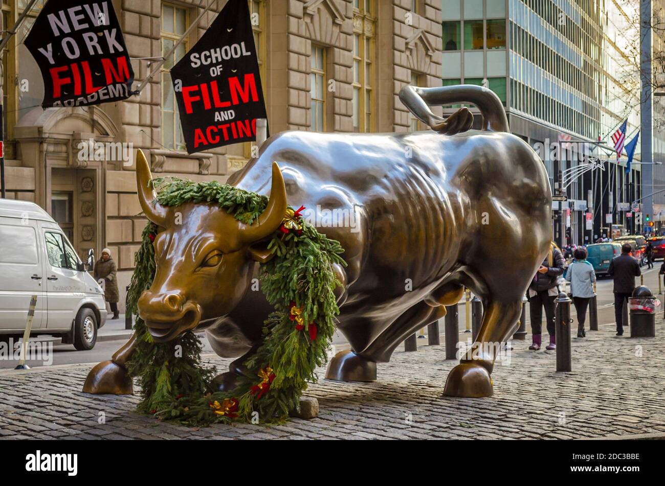 Charging Bull of Wall Sreet. Bronze Statue of Bowling Green Bull in Financial District of Lower ...