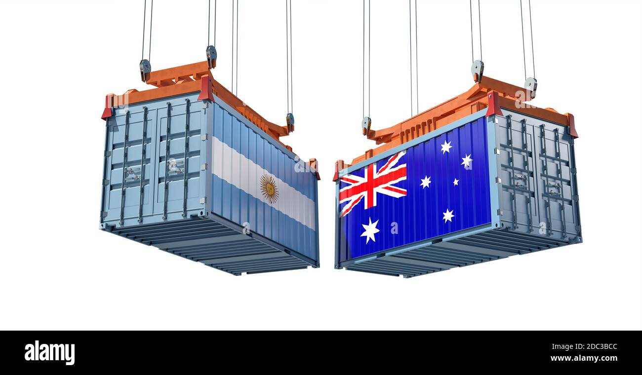Freight containers with Argentina and Australia national flags. 3D ...