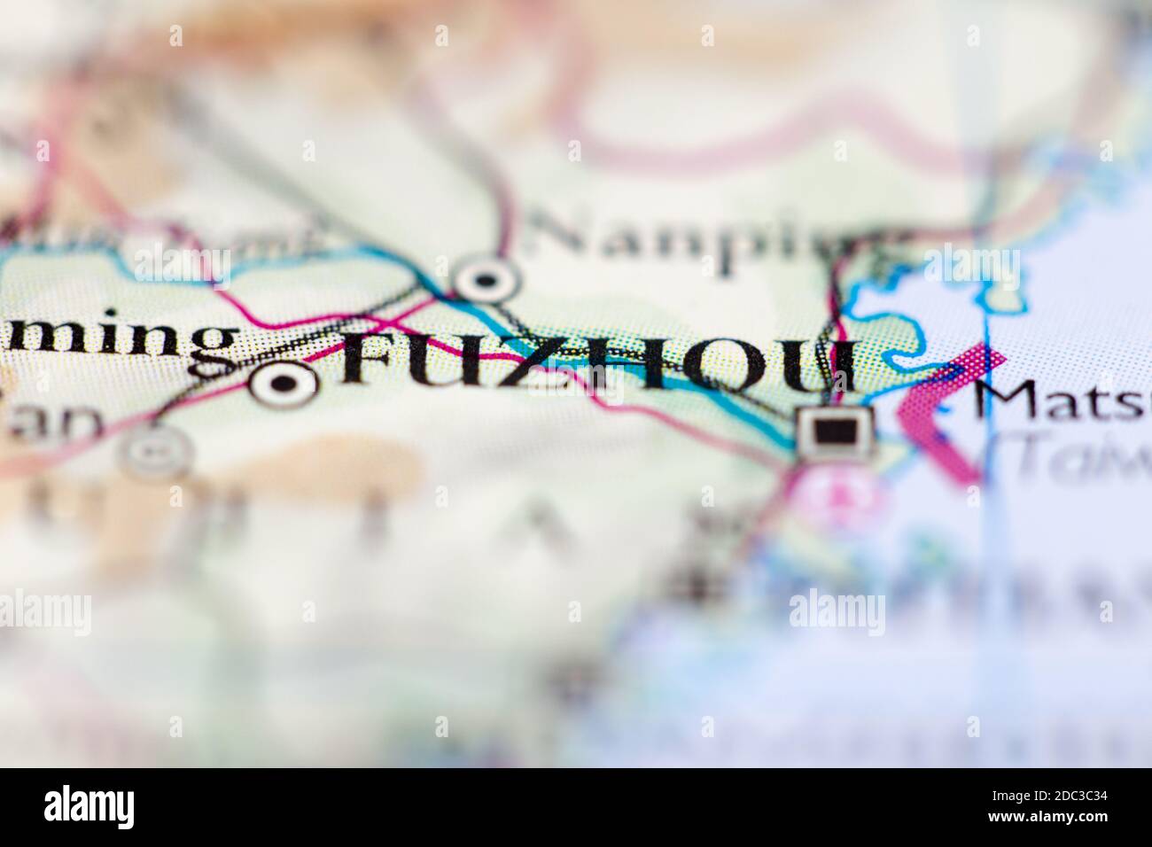 Shallow depth of field focus on geographical map location of Fuzhou ...