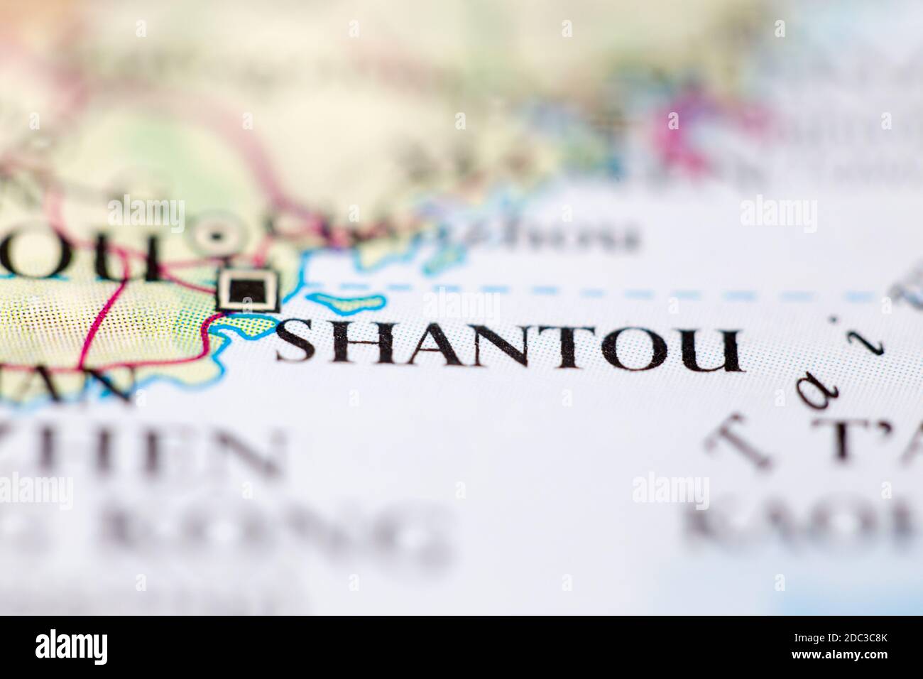Shallow depth of field focus on geographical map location of Shantou ...
