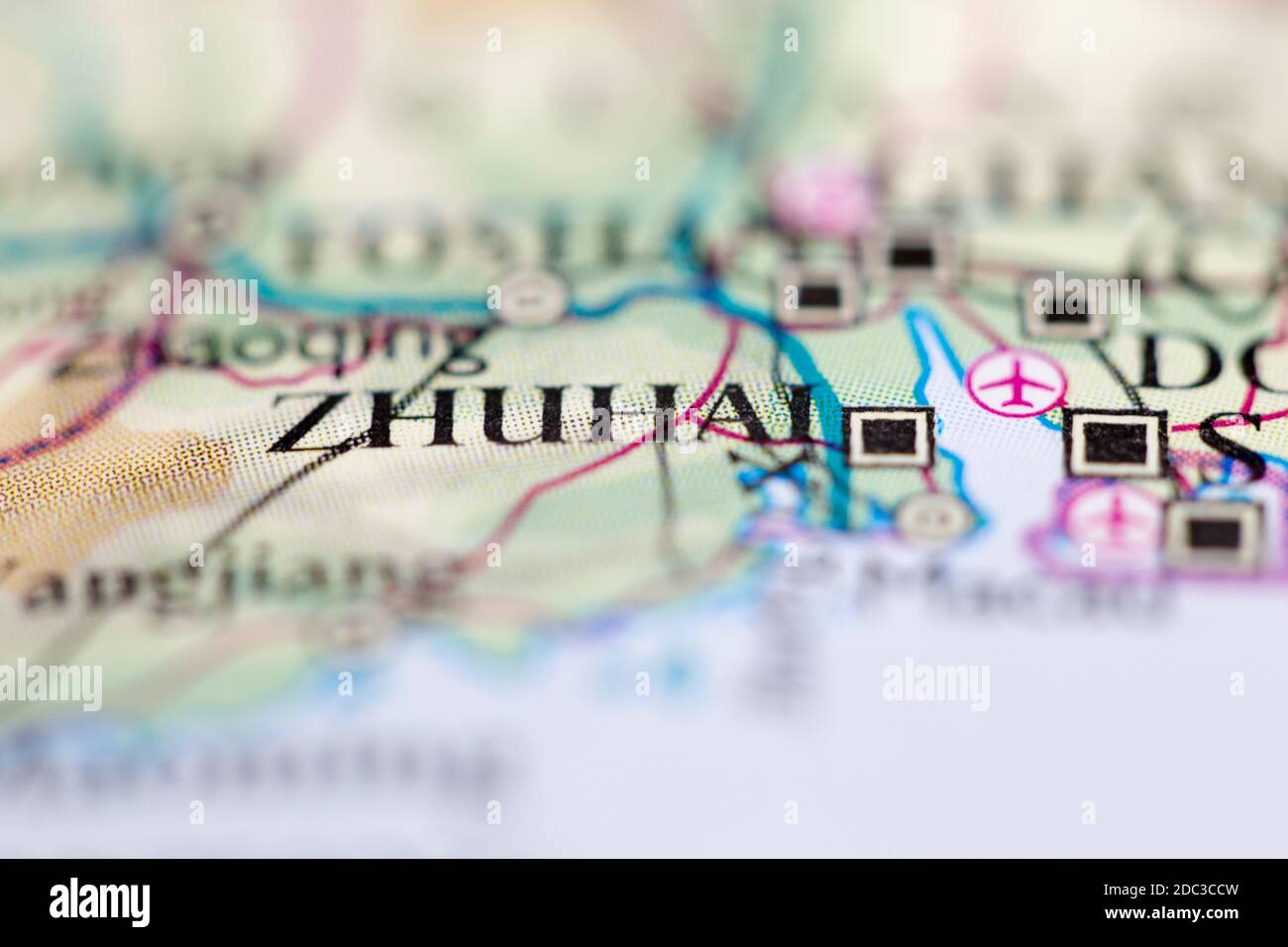 Shallow depth of field focus on geographical map location of Zhuhai ...