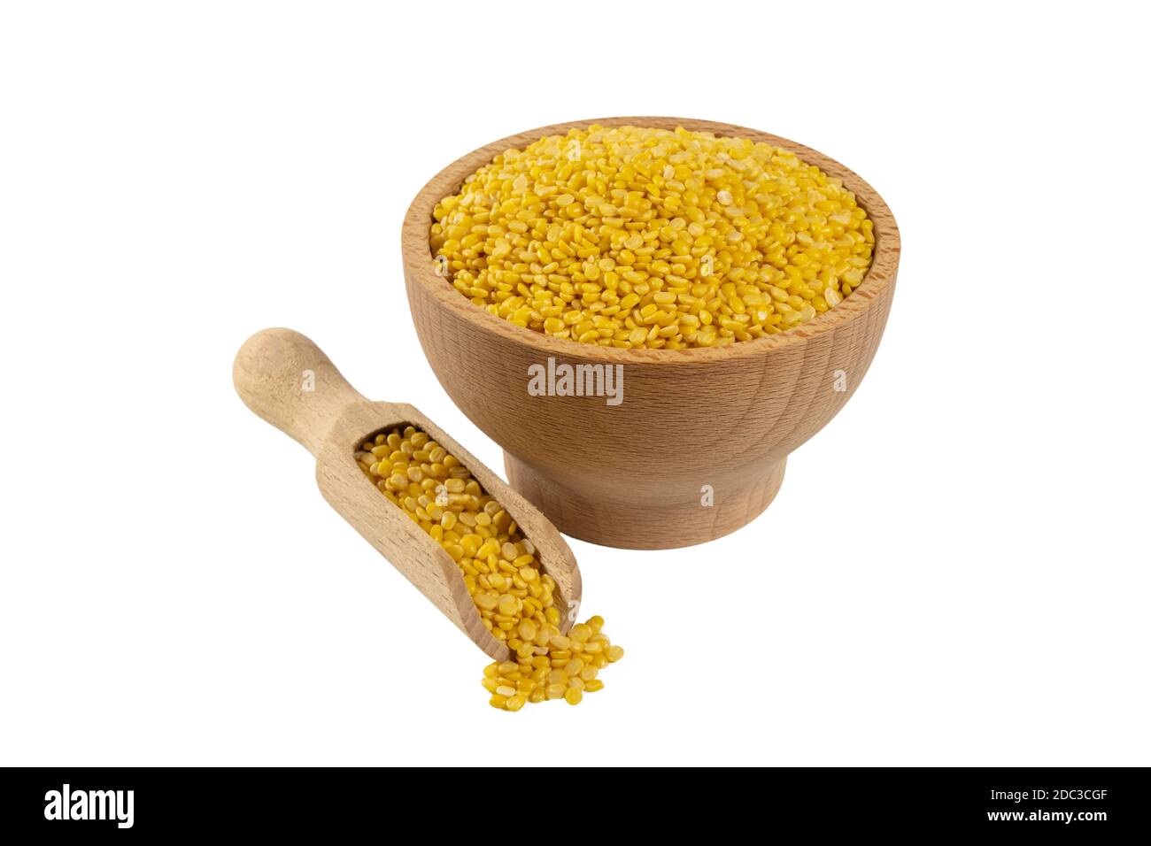 Mung dal or Mung daal bean in wooden bowl and scoop isolated on white ...