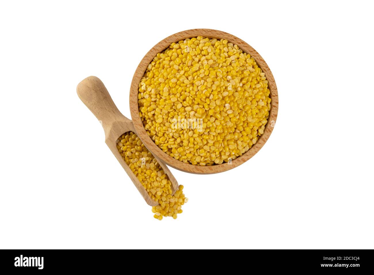 Mung dal or Mung daal bean in wooden bowl and scoop isolated on white ...