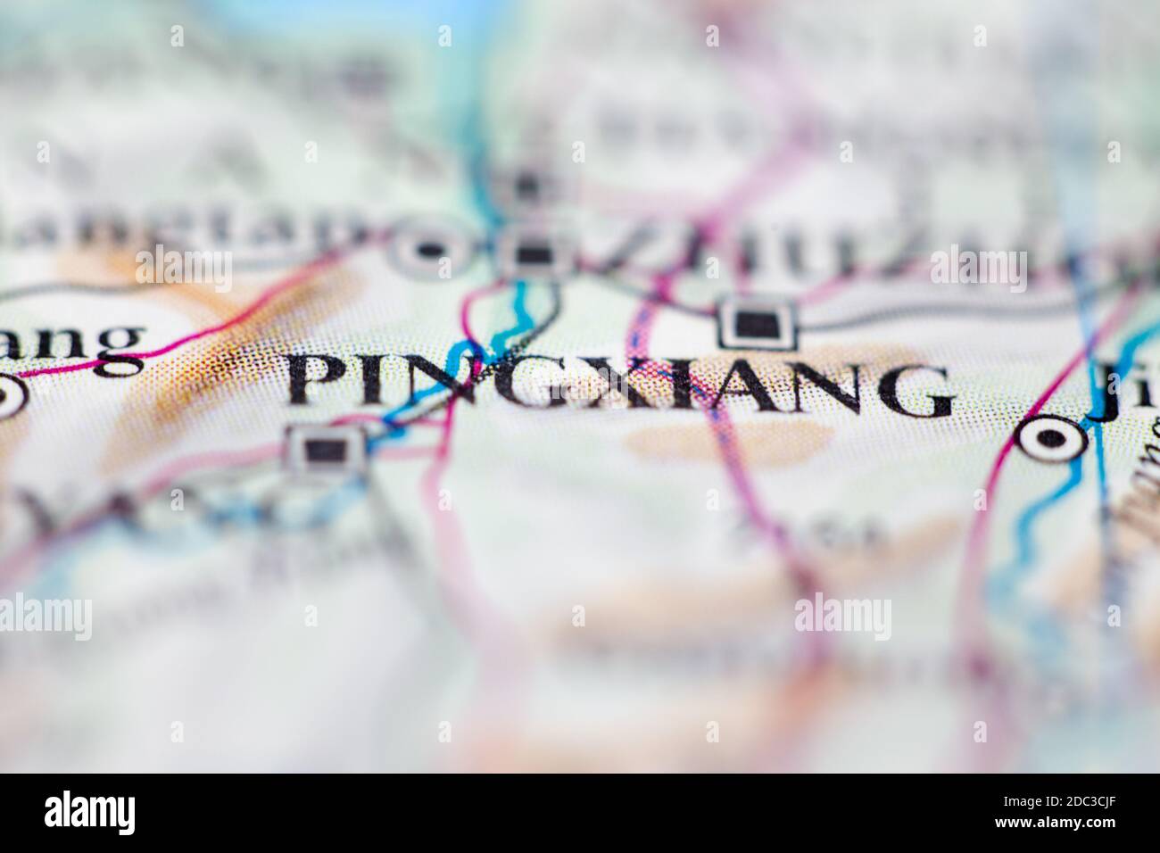 Shallow depth of field focus on geographical map location of Pingxiang ...