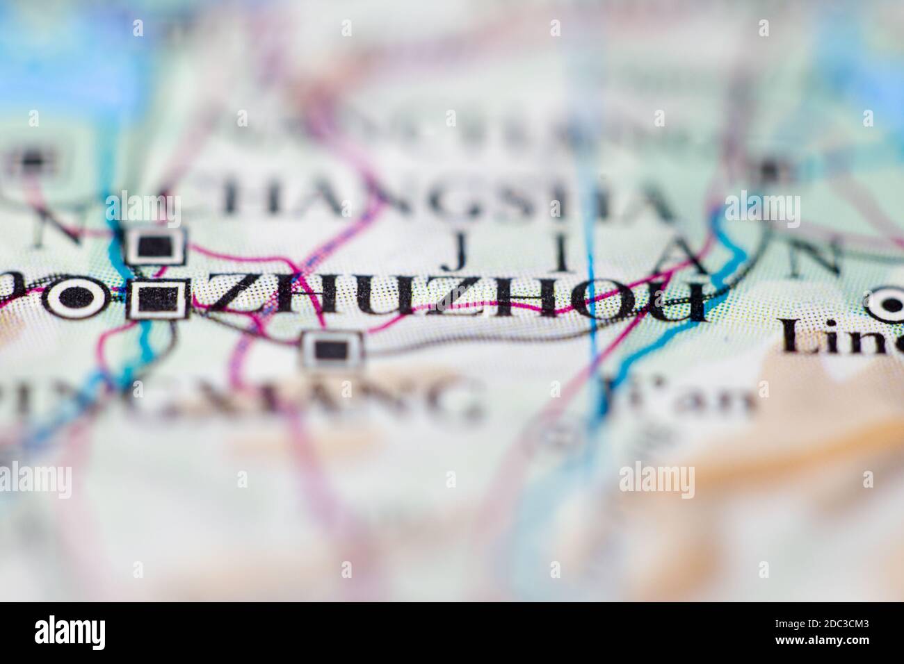 Shallow depth of field focus on geographical map location of Zhuzhou ...
