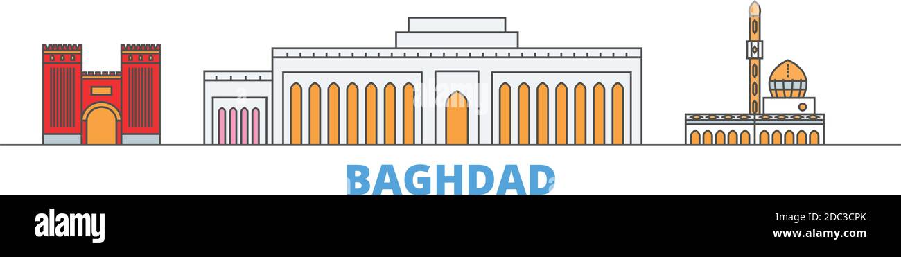 Iraq, Baghdad City line cityscape, flat vector. Travel city landmark ...