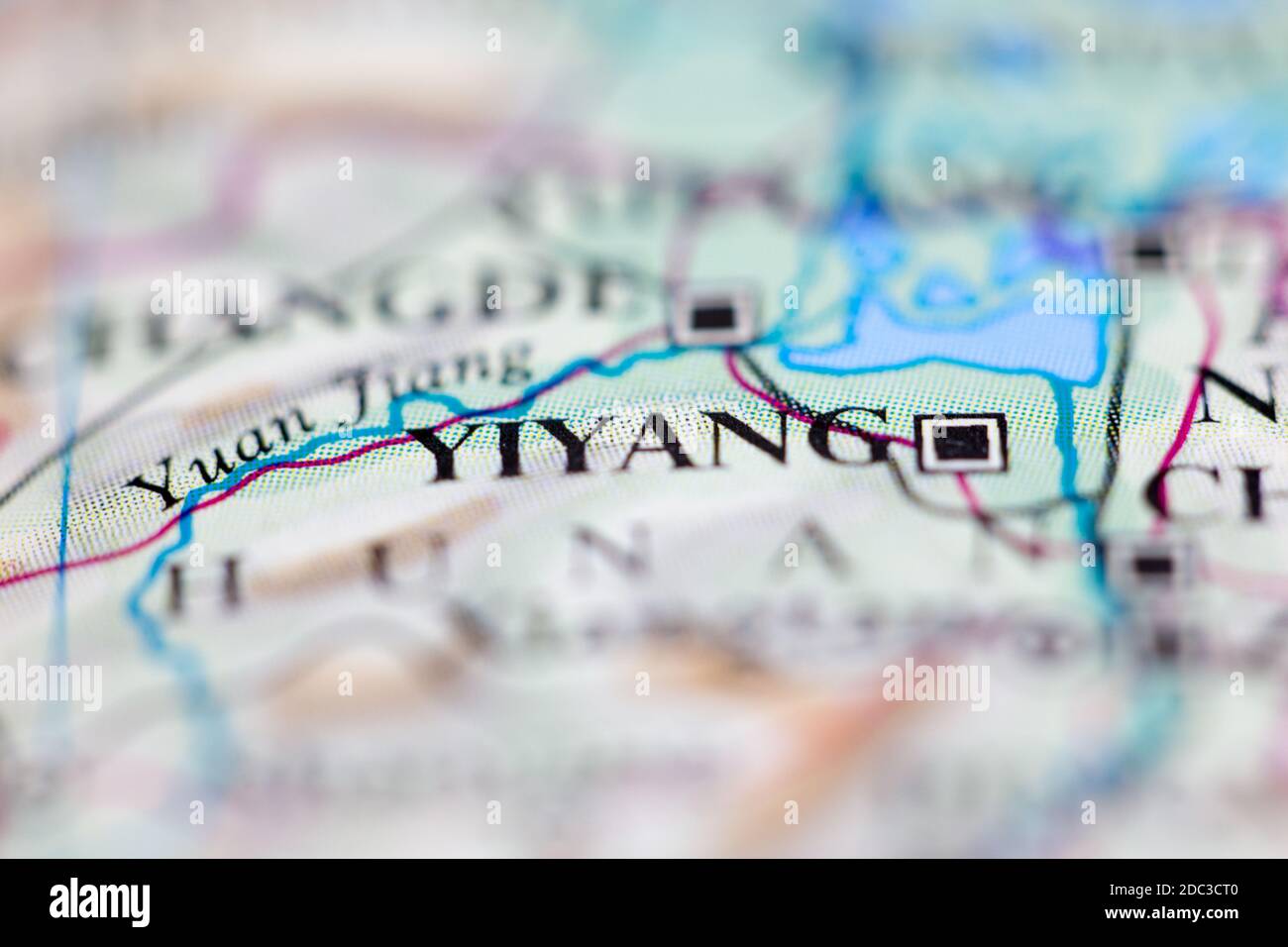 Shallow depth of field focus on geographical map location of Yiyang ...