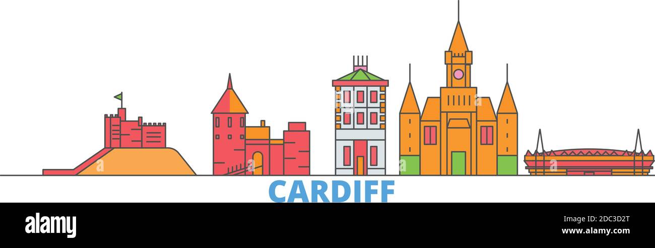 United Kingdom, Cardiff line cityscape, flat vector. Travel city ...