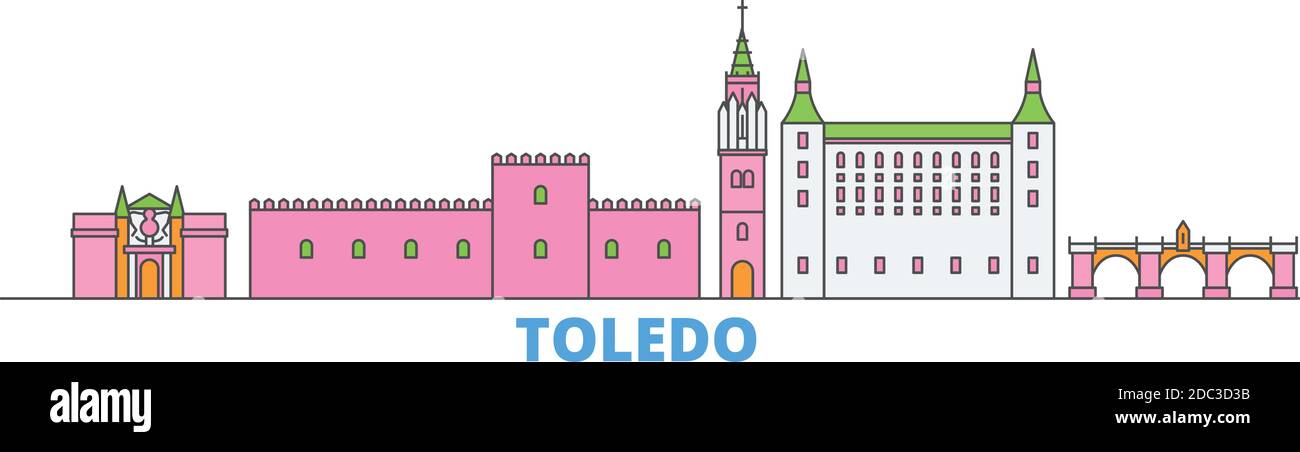 Spain, Toledo line cityscape, flat vector. Travel city landmark ...