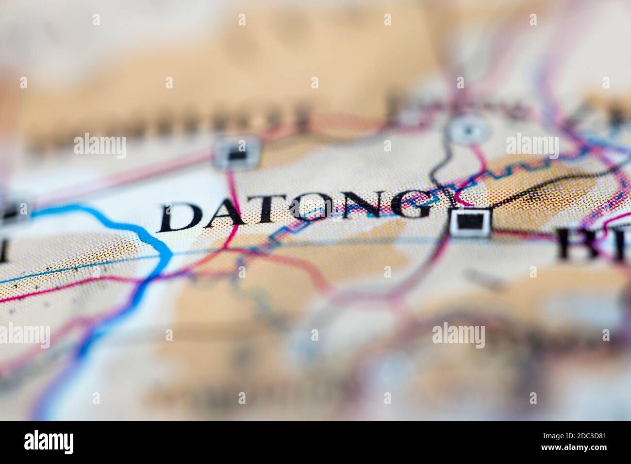 Shallow depth of field focus on geographical map location of Datong ...