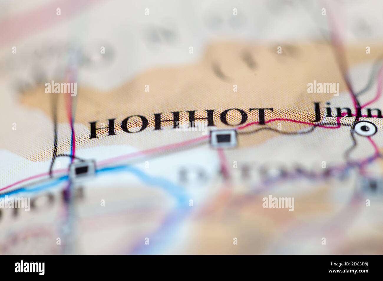 Shallow depth of field focus on geographical map location of Hohhot ...