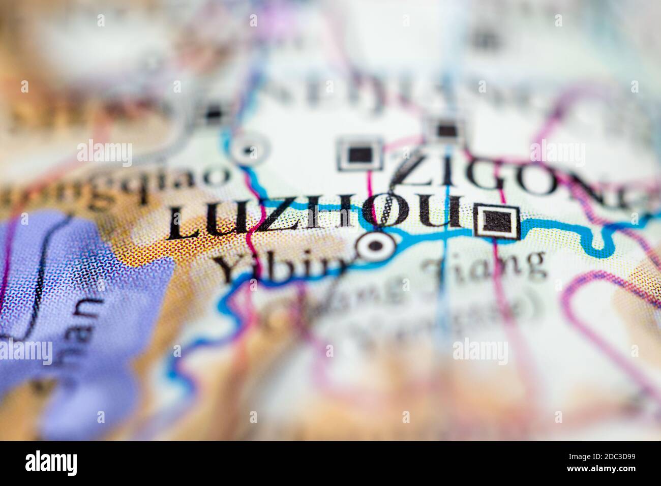 Shallow depth of field focus on geographical map location of Luzhou ...