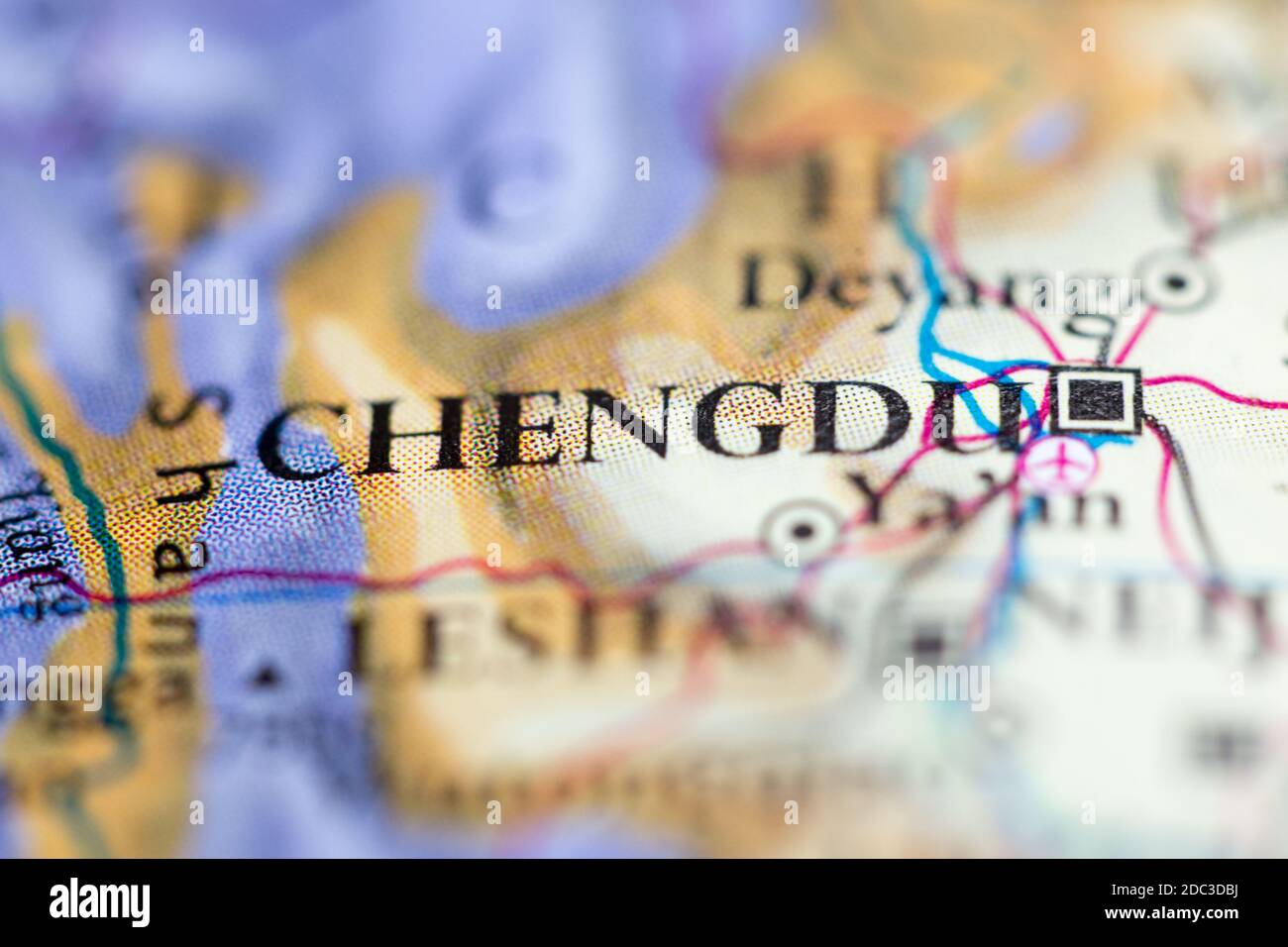 Shallow depth of field focus on geographical map location of Chengdu ...