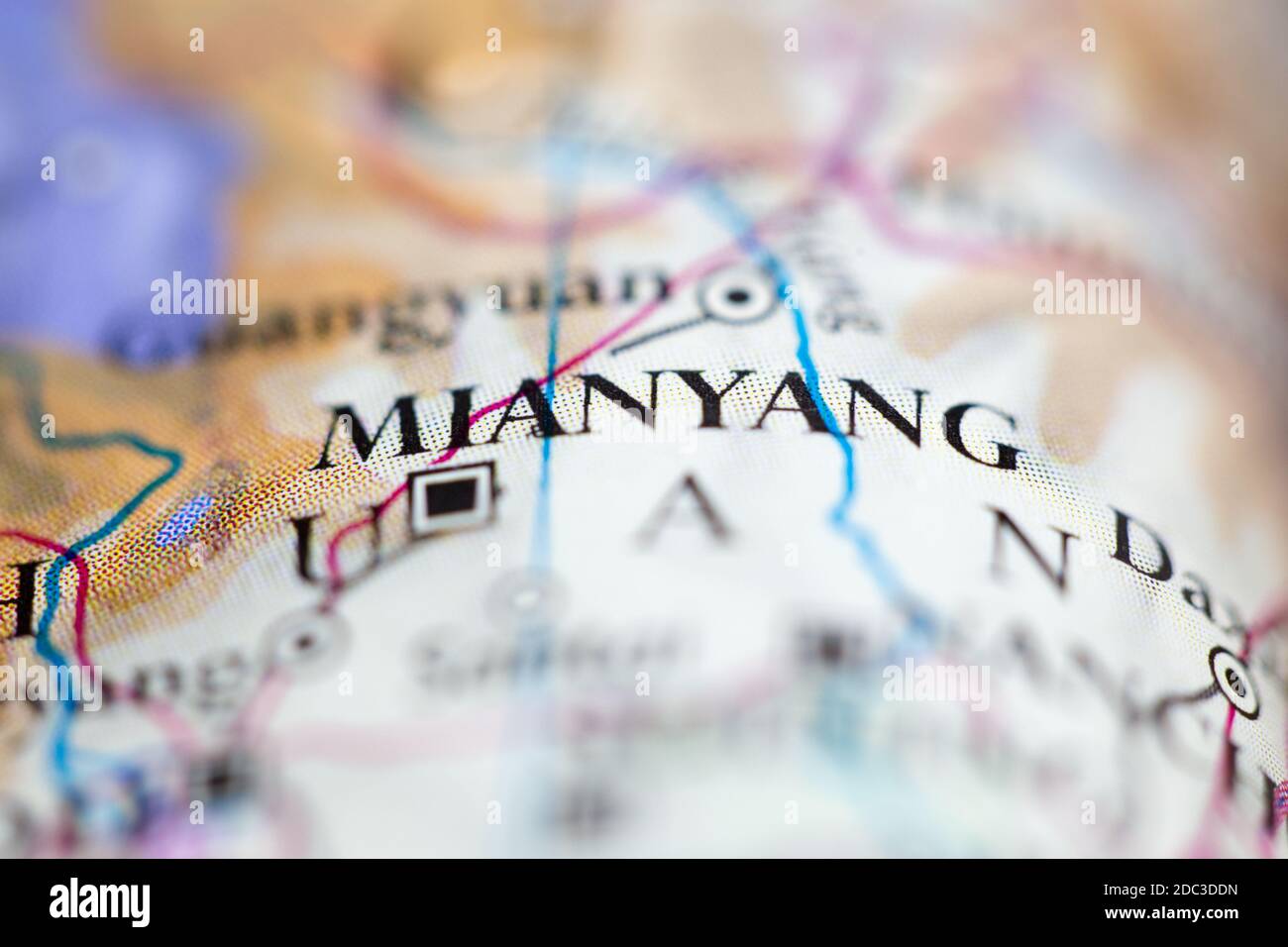 Shallow depth of field focus on geographical map location of Mianyang ...