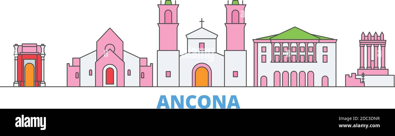 Italy, Ancona line cityscape, flat vector. Travel city landmark ...