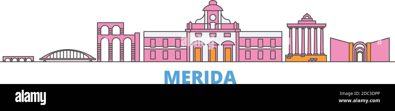 Spain, Merida line cityscape, flat vector. Travel city landmark ...