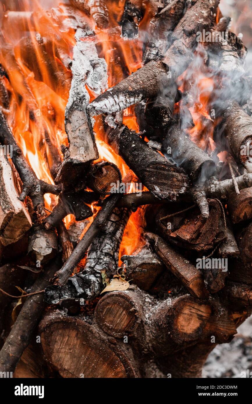 Fire burning tree branches, ember glowing Stock Photo - Alamy