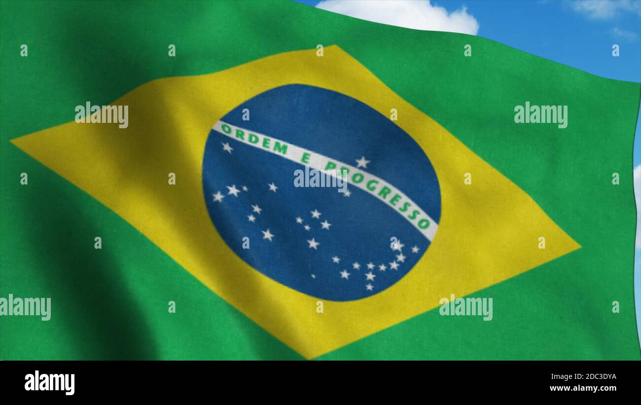 Brazil flag waving in the wind, blue sky background. 3d rendering Stock ...