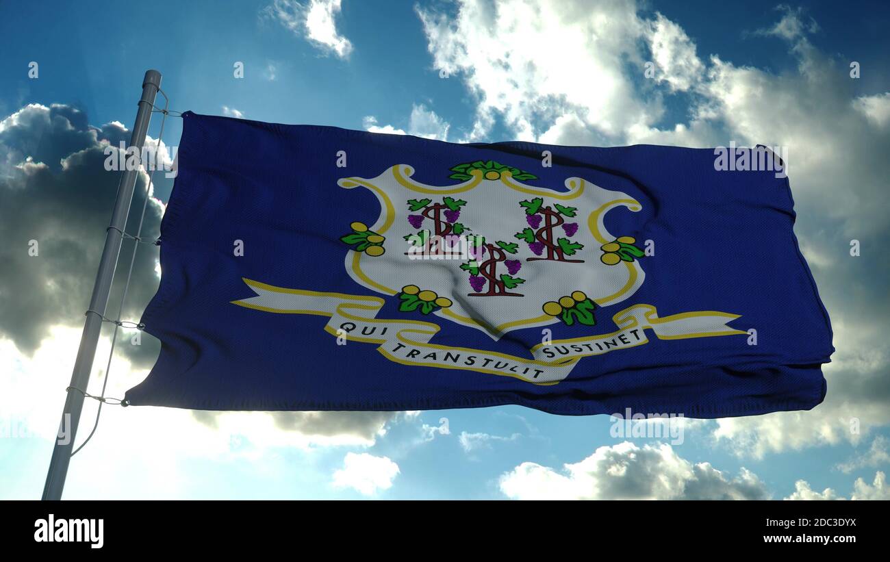 Connecticut flag on a flagpole waving in the wind in the sky. 3d ...