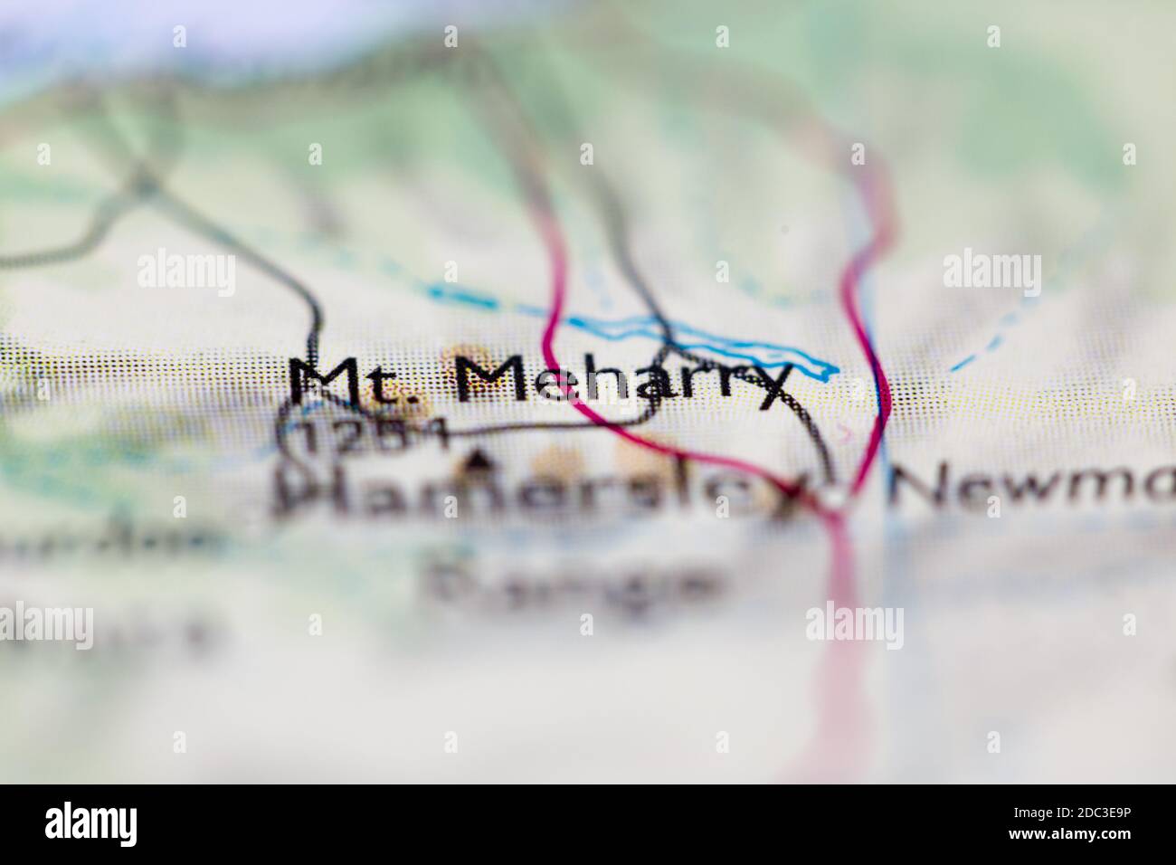 Shallow depth of field focus on geographical map location of Mount ...