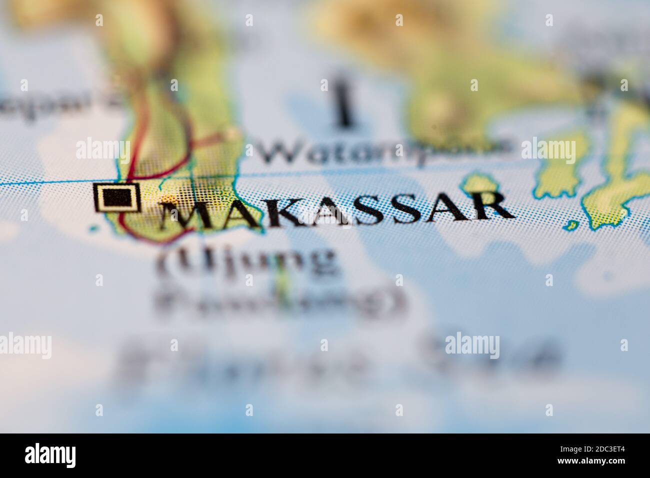 Shallow depth of field focus on geographical map location of Makassar ...