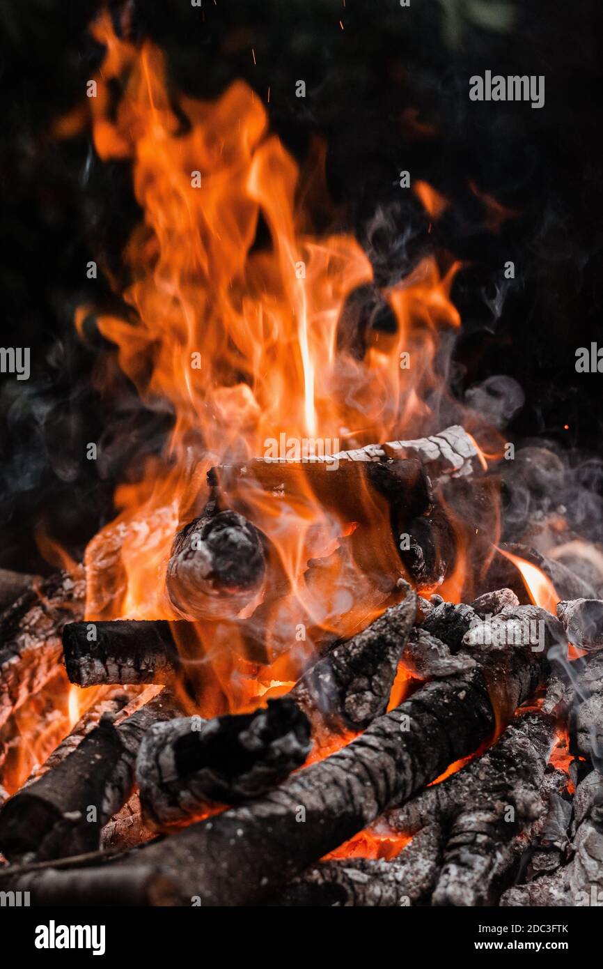 Fire burning tree branches, ember glowing Stock Photo - Alamy
