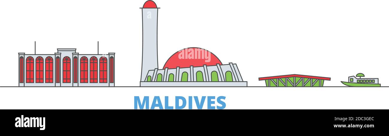 Maldives line cityscape, flat vector. Travel city landmark, oultine ...
