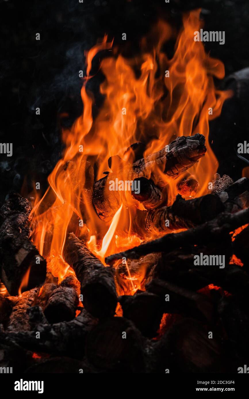 Fire burning tree branches, ember glowing Stock Photo - Alamy