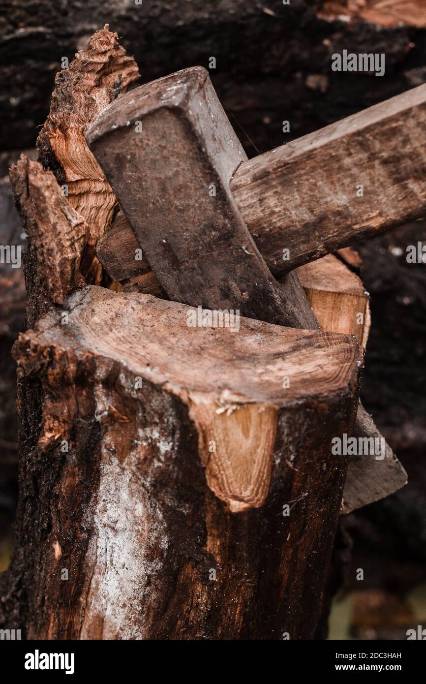Large axe cracking a tree trunk in half Stock Photo - Alamy