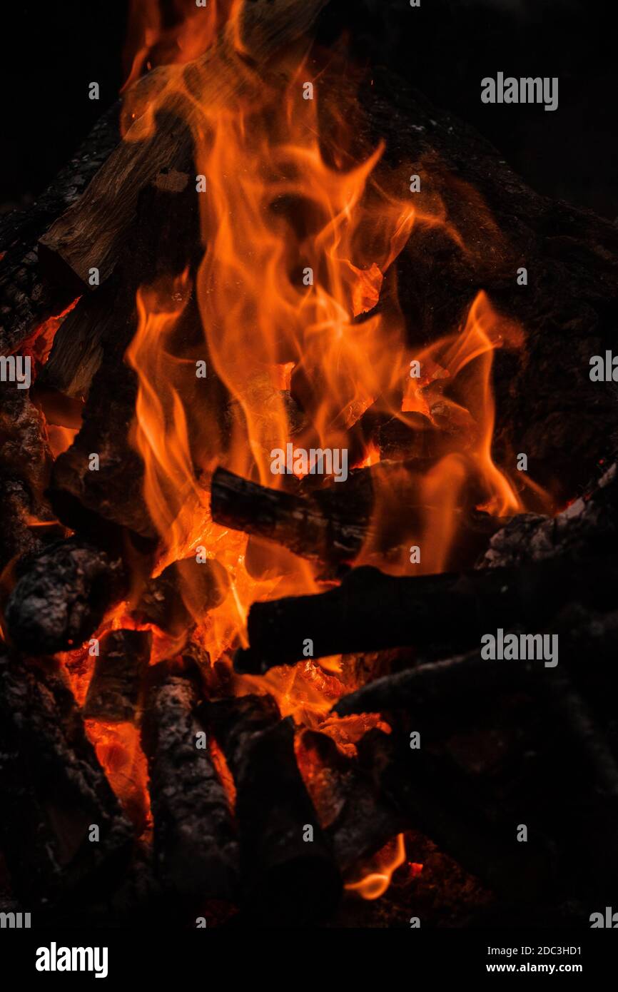 Fire burning tree branches, ember glowing Stock Photo - Alamy