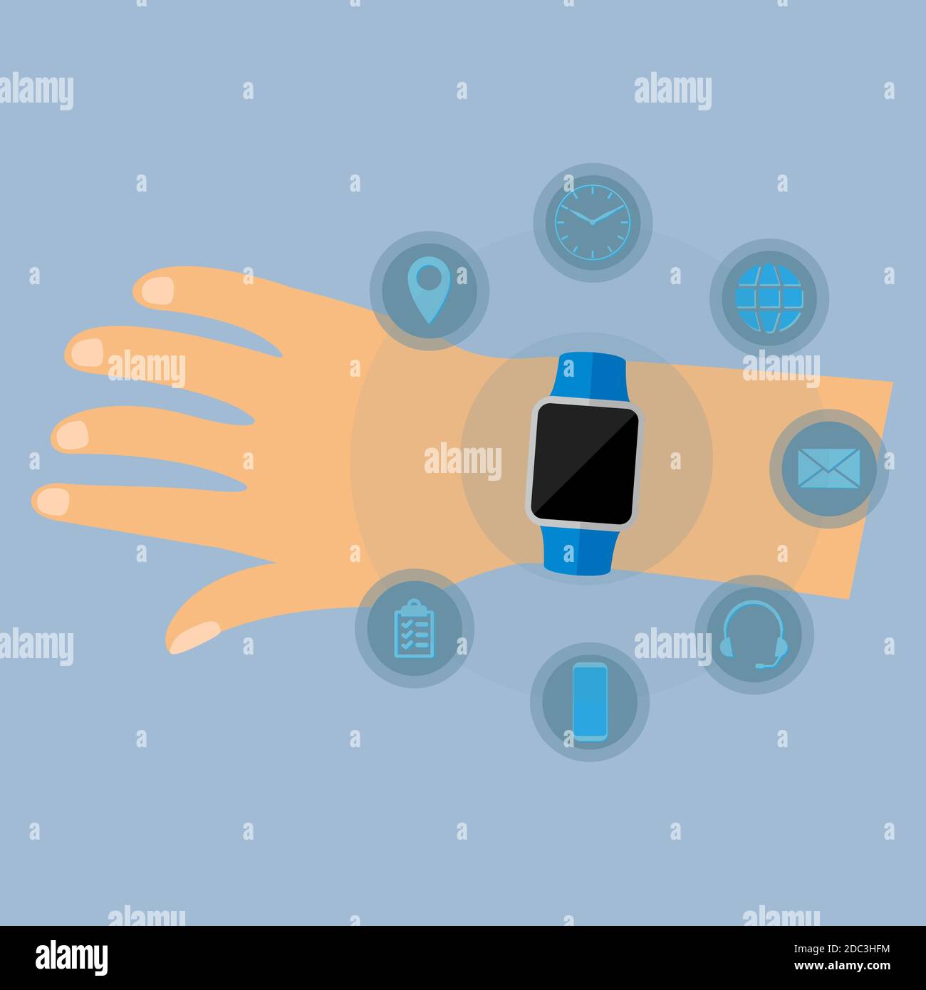 Hand wearing a smartwatch with different applications icons Stock ...