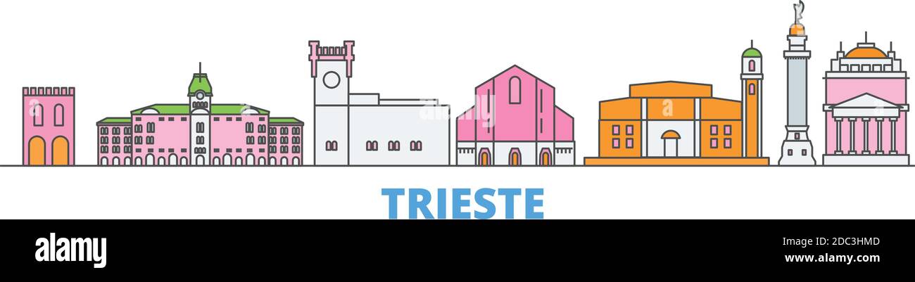 Italy, Trieste line cityscape, flat vector. Travel city landmark ...