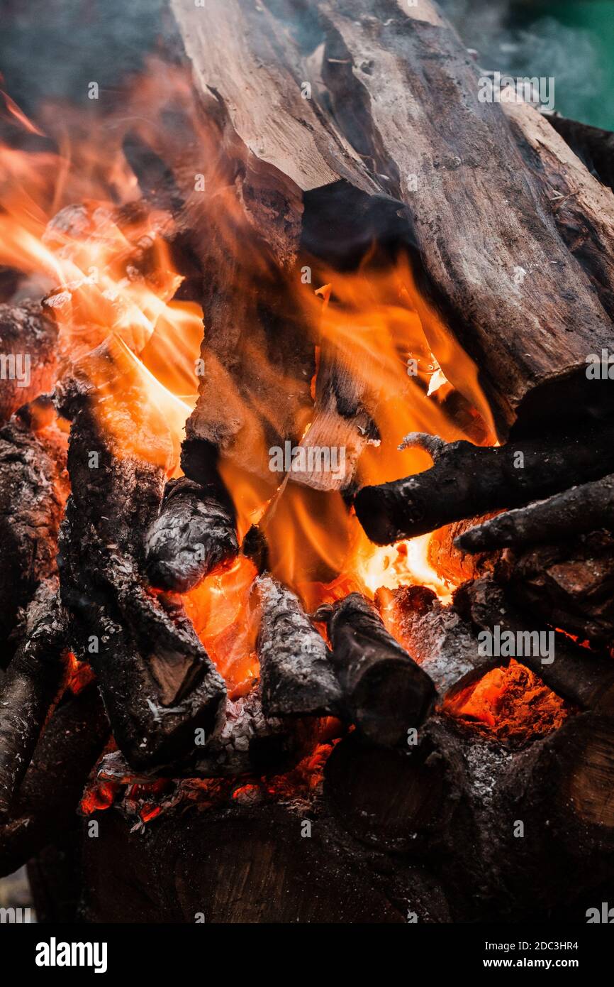 Fire burning tree branches, ember glowing Stock Photo - Alamy