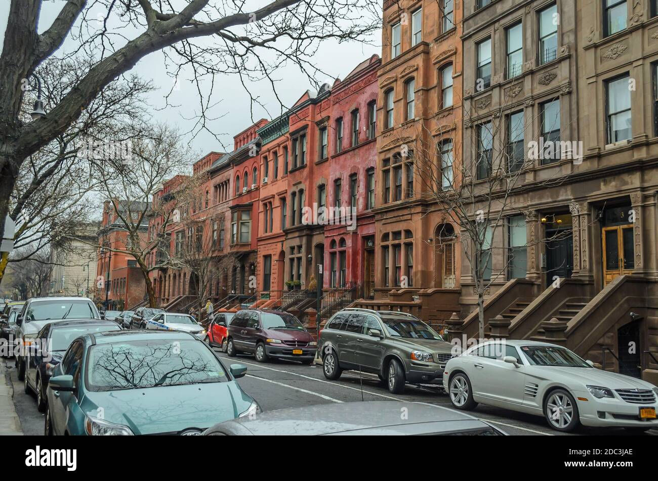 Traditional Harlem Neighborhood. Beautiful Colored Houses. Road with ...