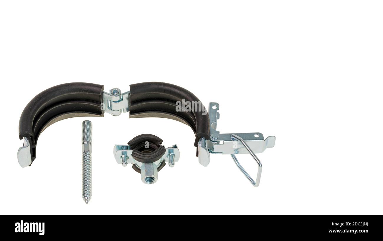 Close up view of industrial pipe support mount isolated on white ...