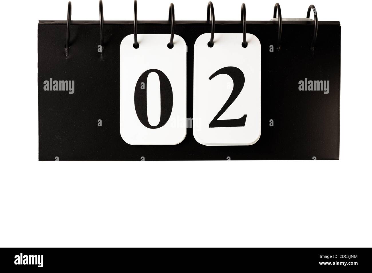 Close up view of calendar with selected date 02 isolated on white ...